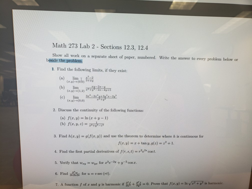 Solved Math 273 Lab 2 Sections 12.3, 12.4 Show all work on a | Chegg.com