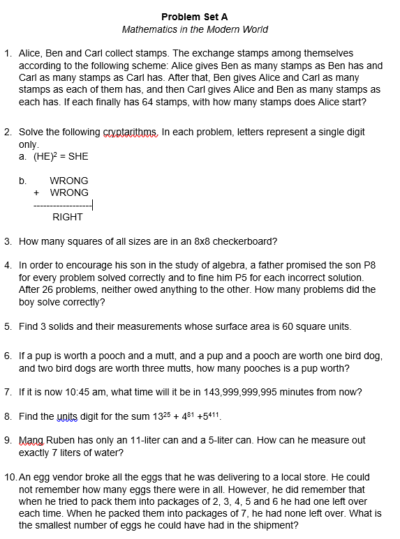 Solved Problem Set A Mathematics in the Modern World 1. | Chegg.com