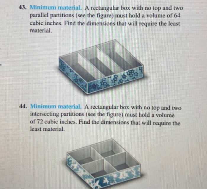 Solved 43. Minimum material. A rectangular box with no top | Chegg.com