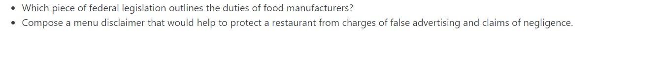 Solved Compose a menu disclaimer that would help to protect | Chegg.com