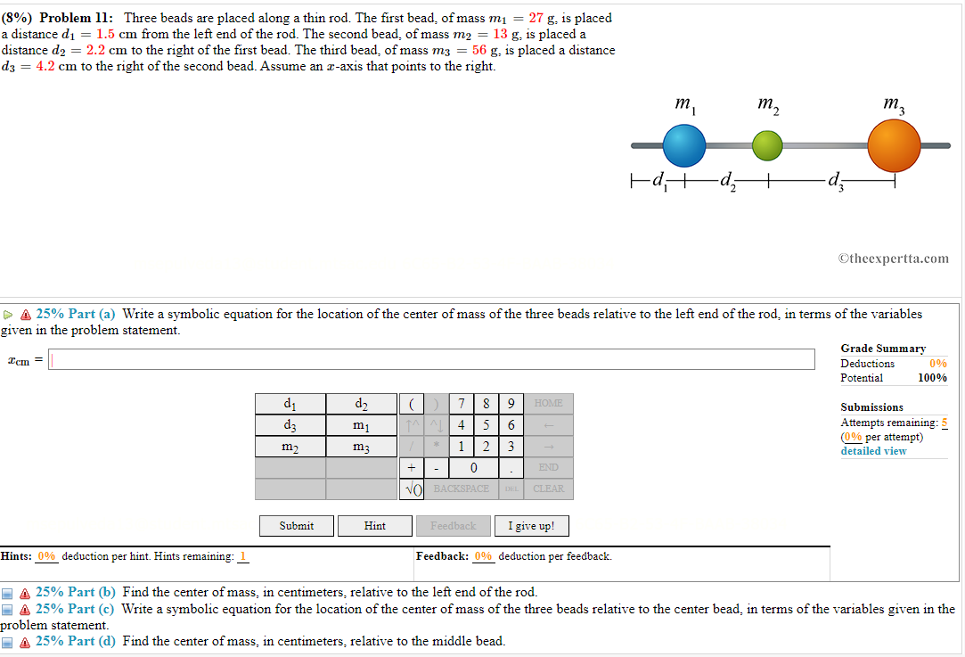 Solved (8\%) Problem 11: Three beads are placed along a thin | Chegg.com