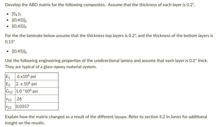 Develop the ABD matrix for the following composites. | Chegg.com