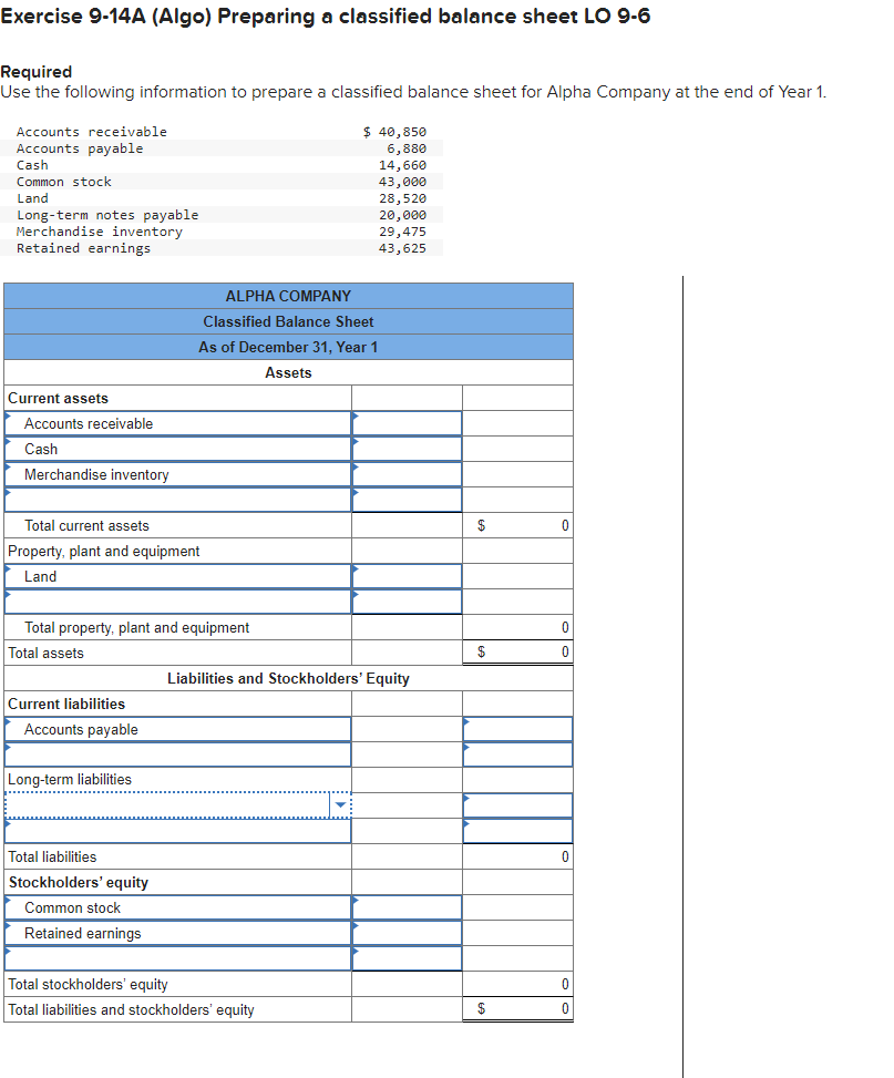 Solved Exercise 9-14A (Algo) Preparing a classified balance | Chegg.com