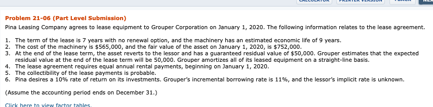 Solved Problem 21-06 (Part Level Submission) Pina Leasing | Chegg.com