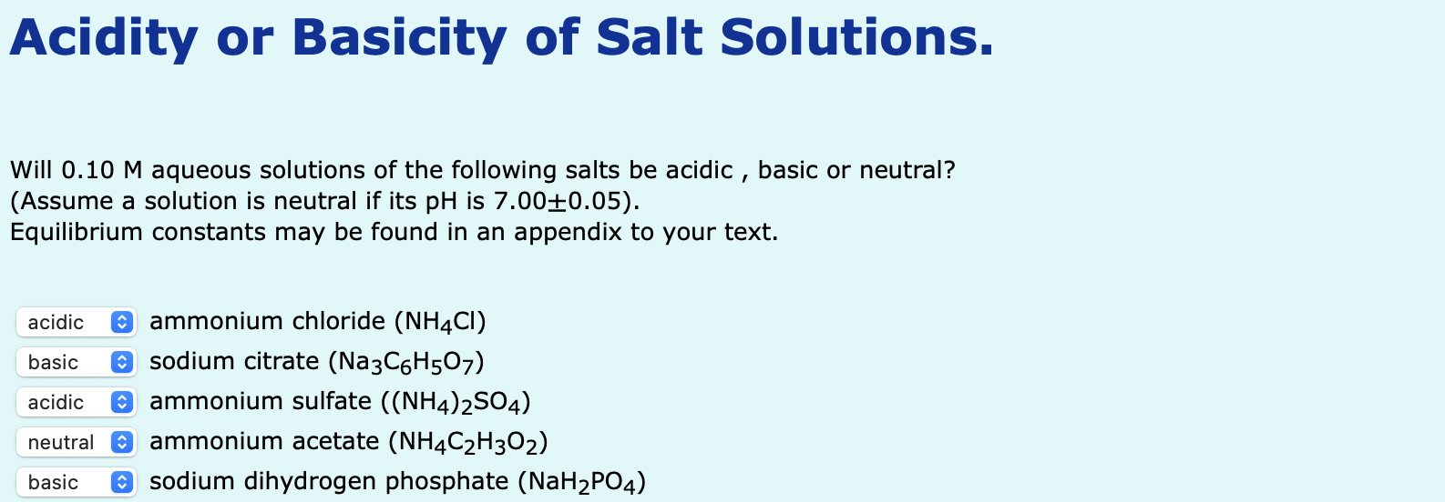 Solved Acidity or Basicity of Salt Solutions. Will 0.10M | Chegg.com