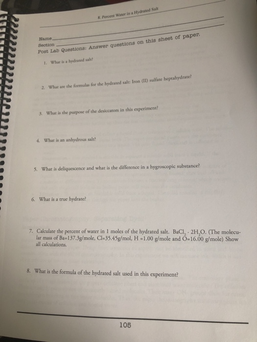 Solved 8. Percent Water in a Hydrated Salt Name Section Pre | Chegg.com