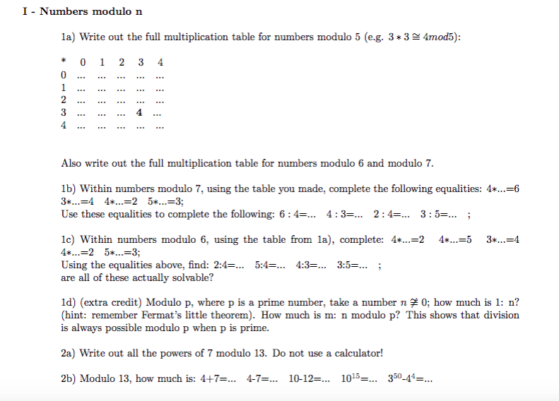 Solved I Numbers modulo n la) Write out the full | Chegg.com