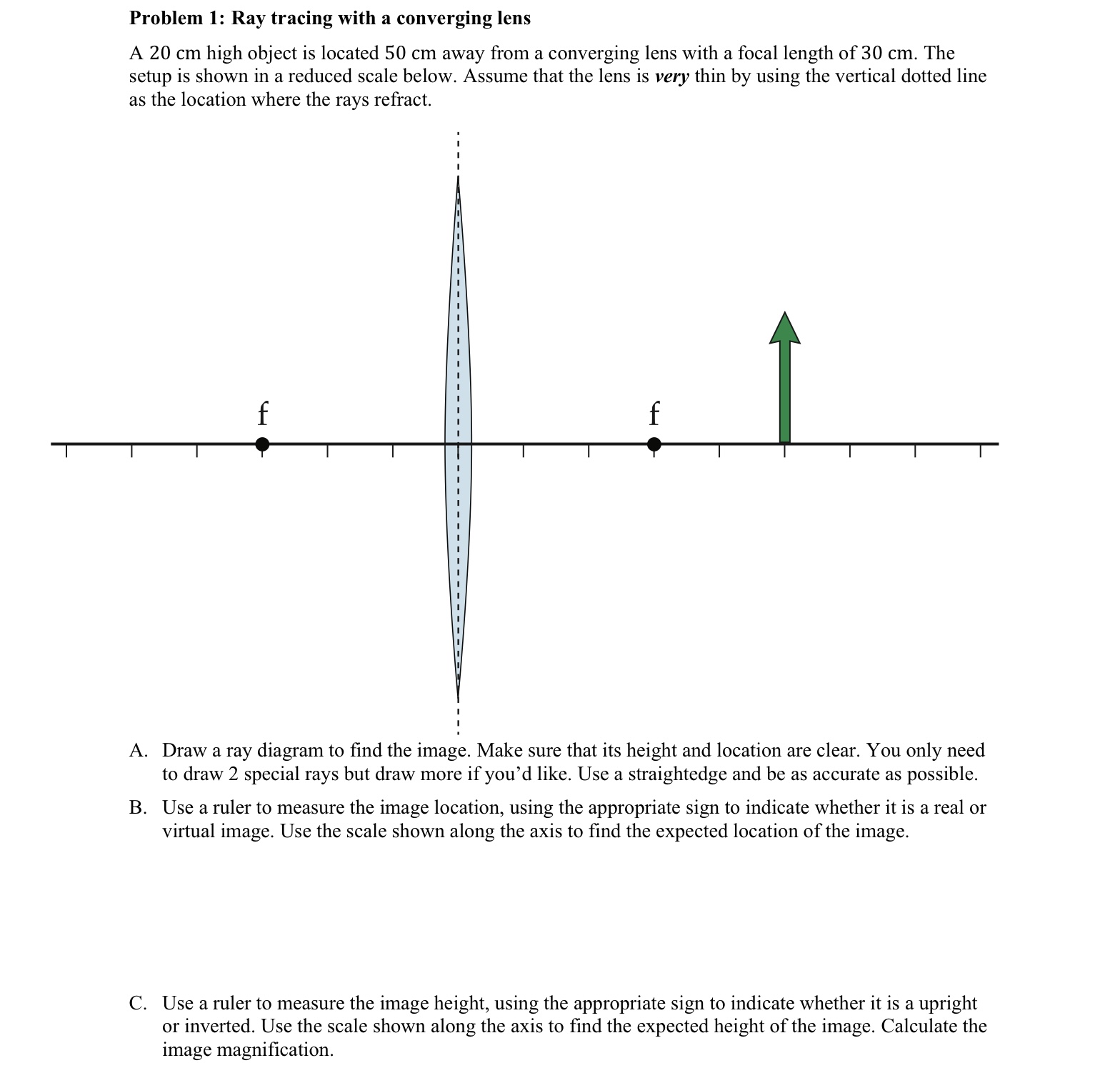 Problem 1: Ray tracing with a converging lens A 20 cm | Chegg.com