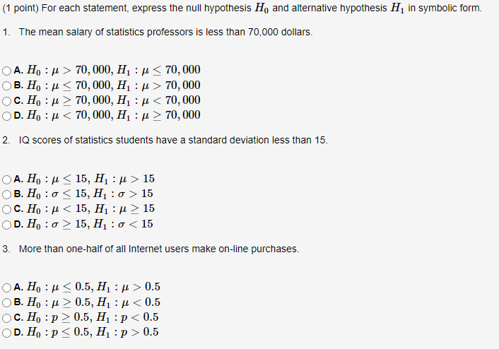 Solved (1 point) For each statement, express the null | Chegg.com