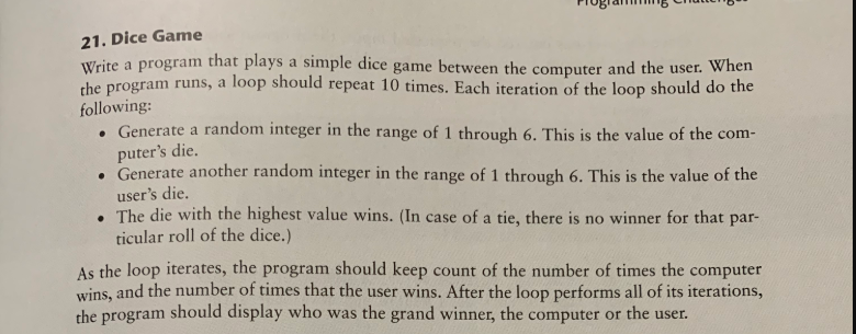 ogran 21. Dice Game Write a program that plays a | Chegg.com