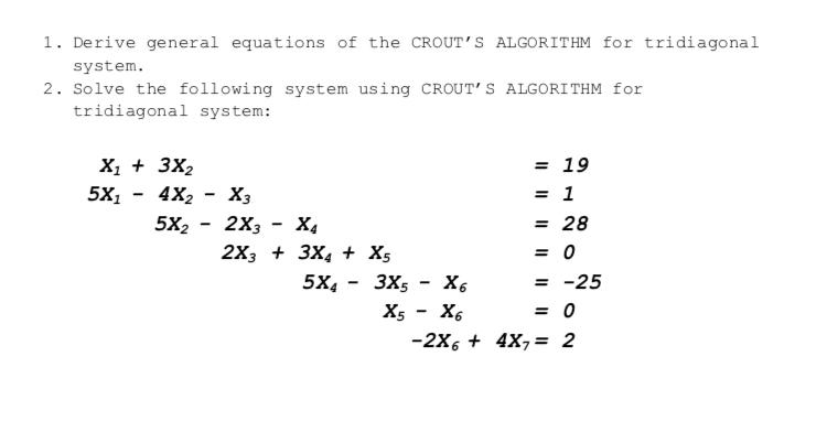 Solved 1. Derive general equations of the CROUT'S ALGORITHM | Chegg.com