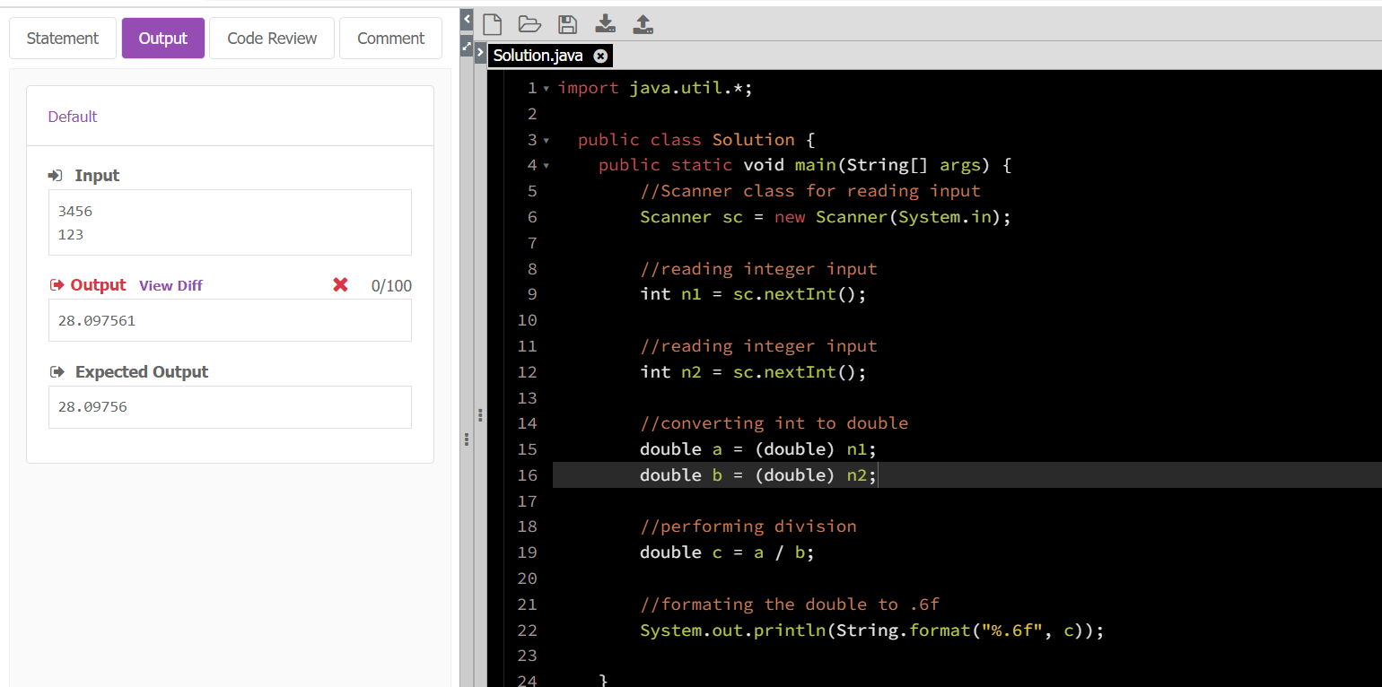 Solved Division of two int numbers and store them in double | Chegg.com