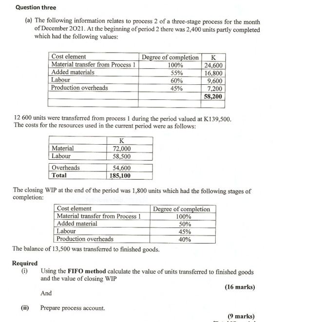 Question three (a) The following information relates | Chegg.com