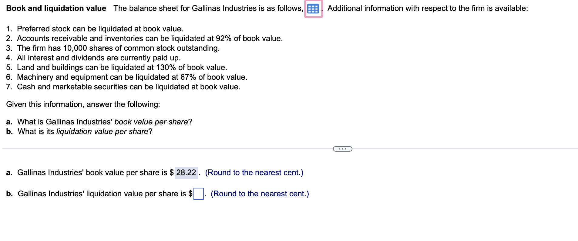 Solved Data tableBook and liquidation value The balance | Chegg.com