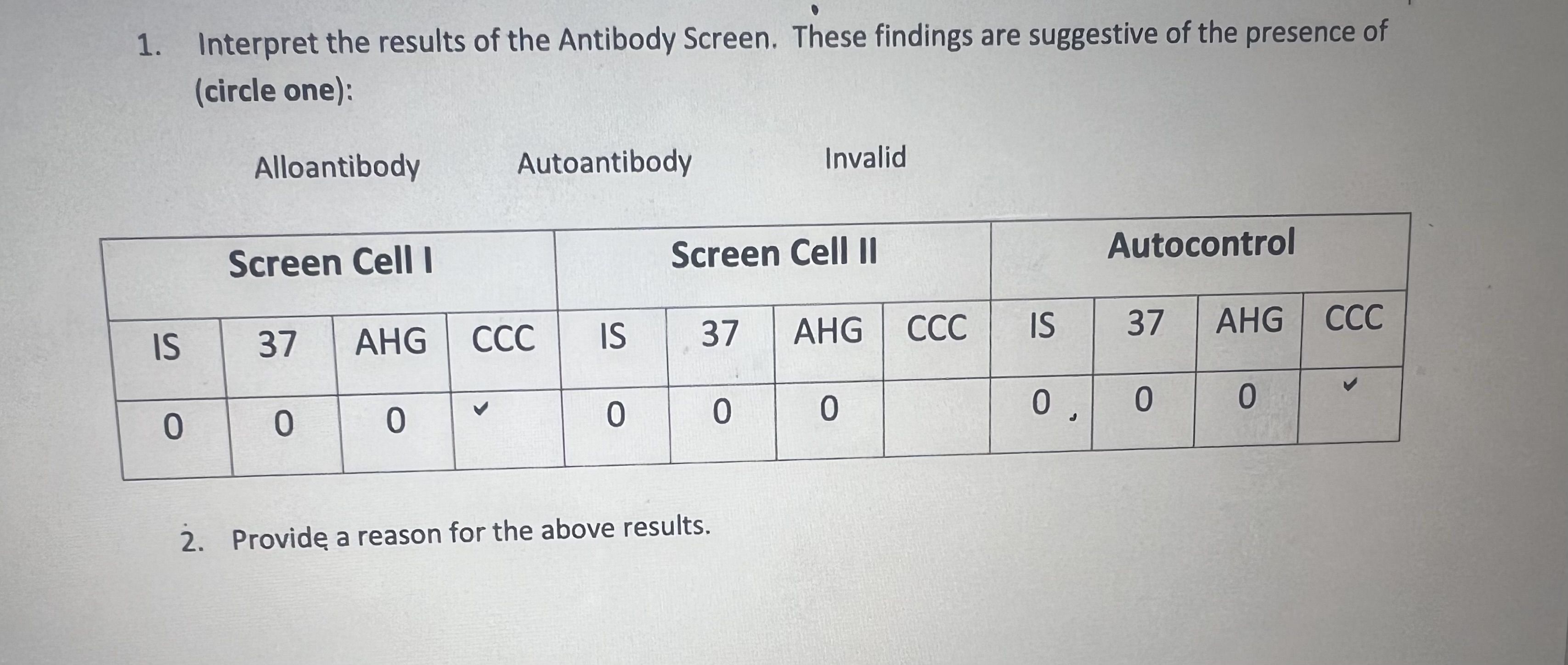Solved 1. Interpret the results of the Antibody Screen. | Chegg.com