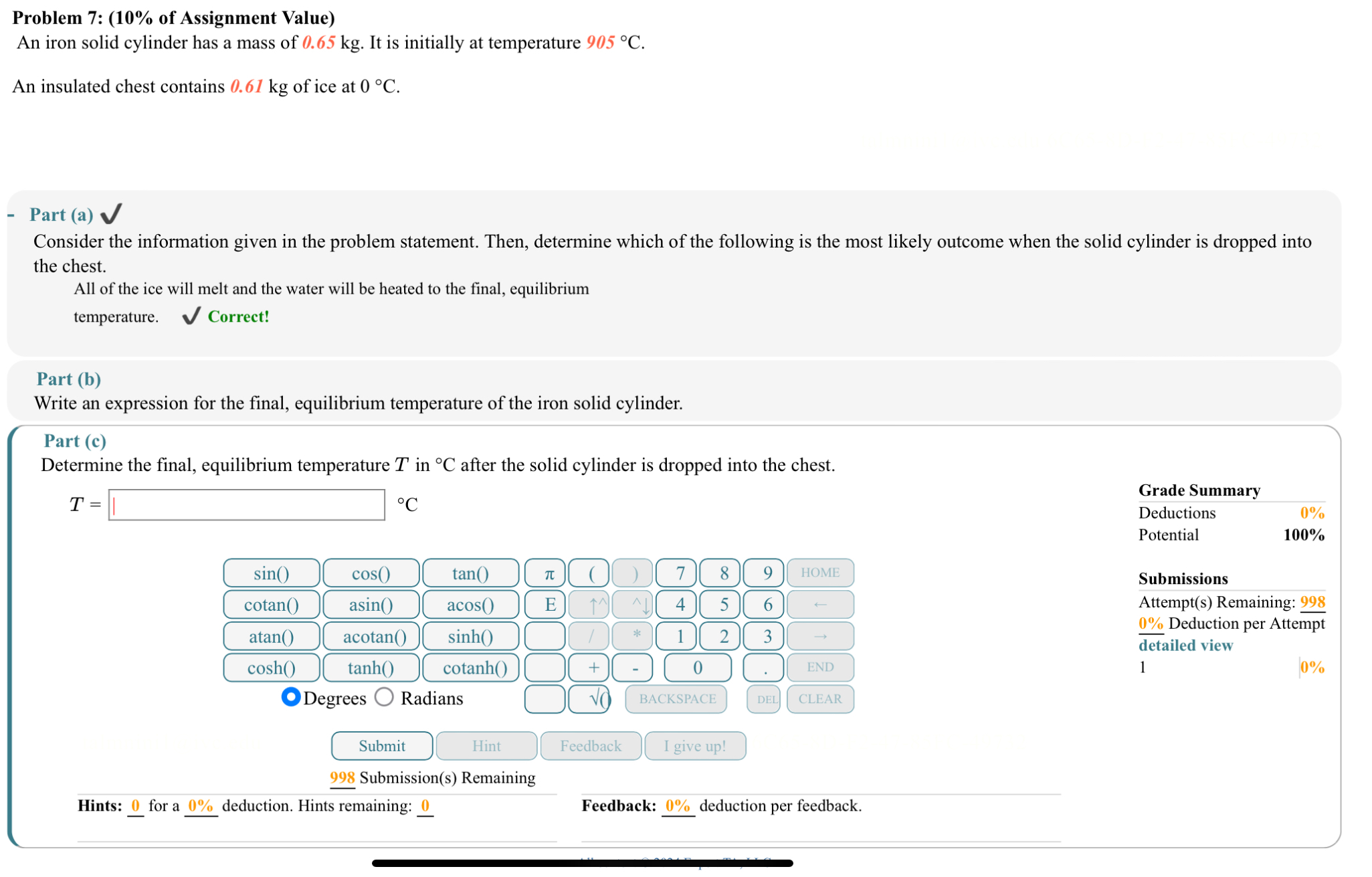Solved Problem 7: ( 10% ﻿of Assignment Value)An iron solid | Chegg.com