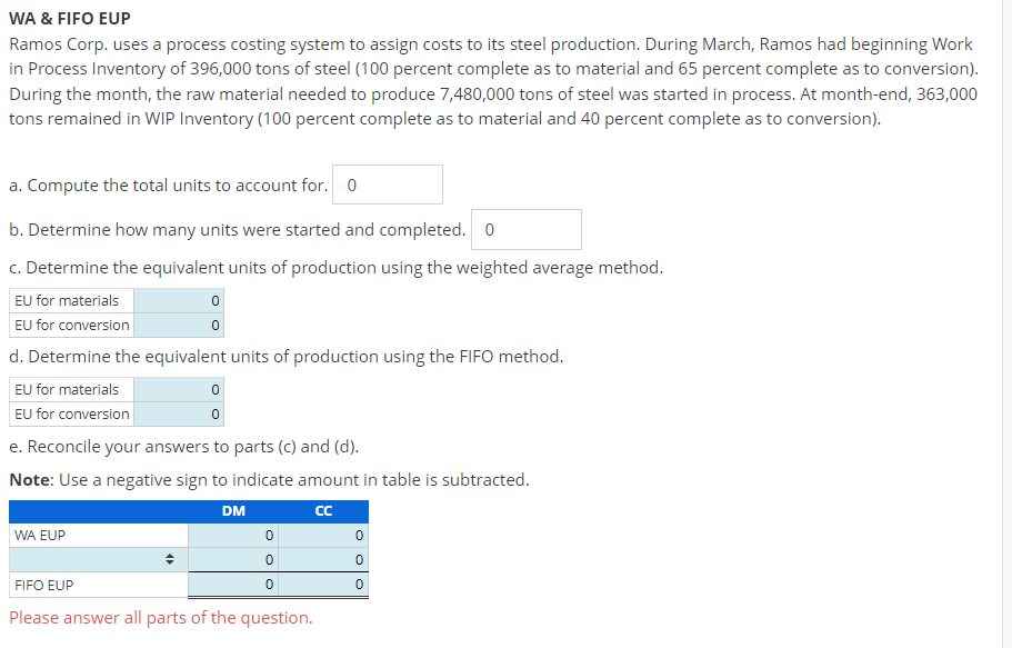 Solved WA & FIFO EUP Ramos Corp. uses a process costing | Chegg.com