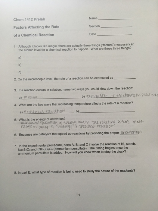 Solved Chem 1412 Prelab Factors Affecting the Rate of a | Chegg.com Solved Chem 1412 Prelab Factors Affecting the Rate of a | Chegg.com