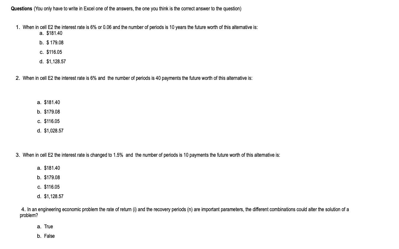 Solved 1. When in cell E2 the interest rate is 6% or 0.06 | Chegg.com