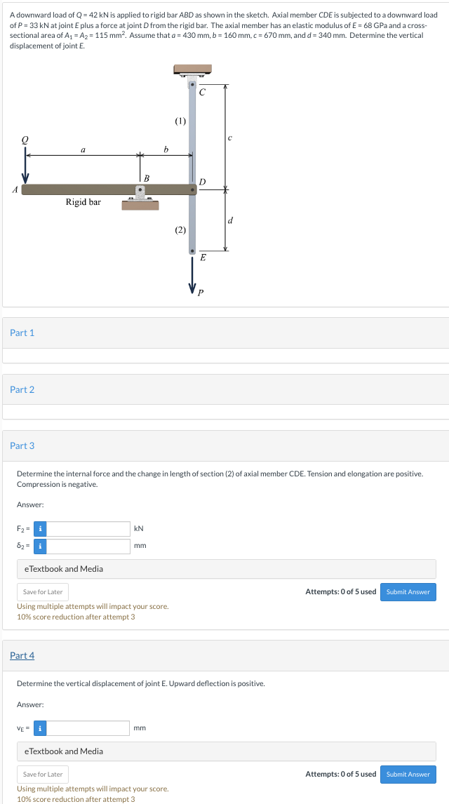 Solved A downward load of Q=42kN is applied to rigid bar ABD | Chegg.com