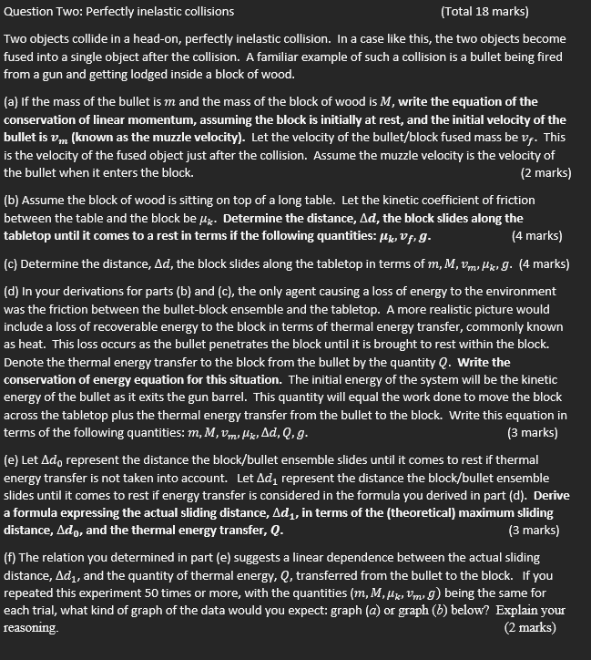 Question Two: Pertectly inelastic collisions (Total | Chegg.com