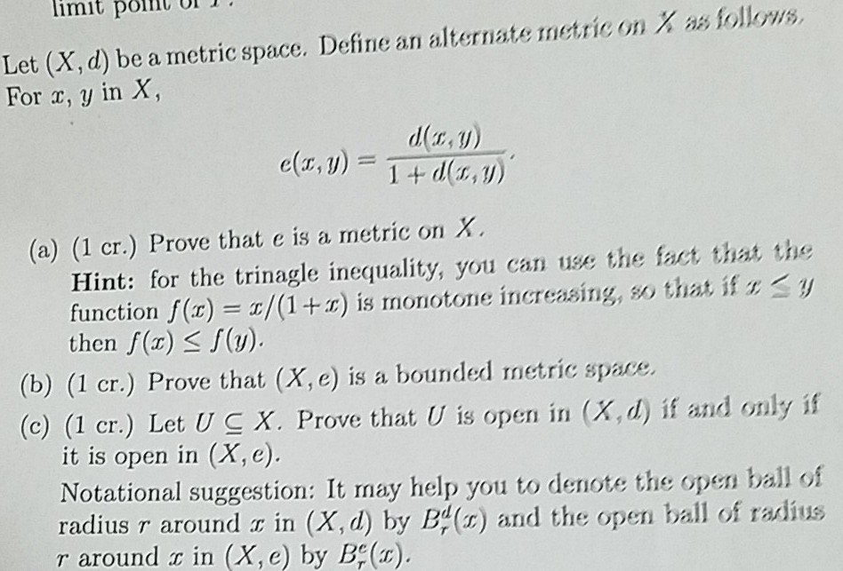 Solved limit point on . Let (X, d) be a metric space. Define | Chegg.com