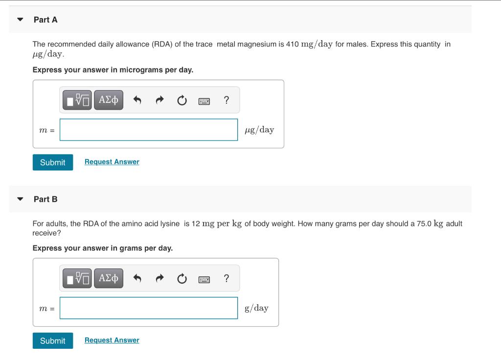 Solved Part A The recommended daily allowance (RDA) of the | Chegg.com