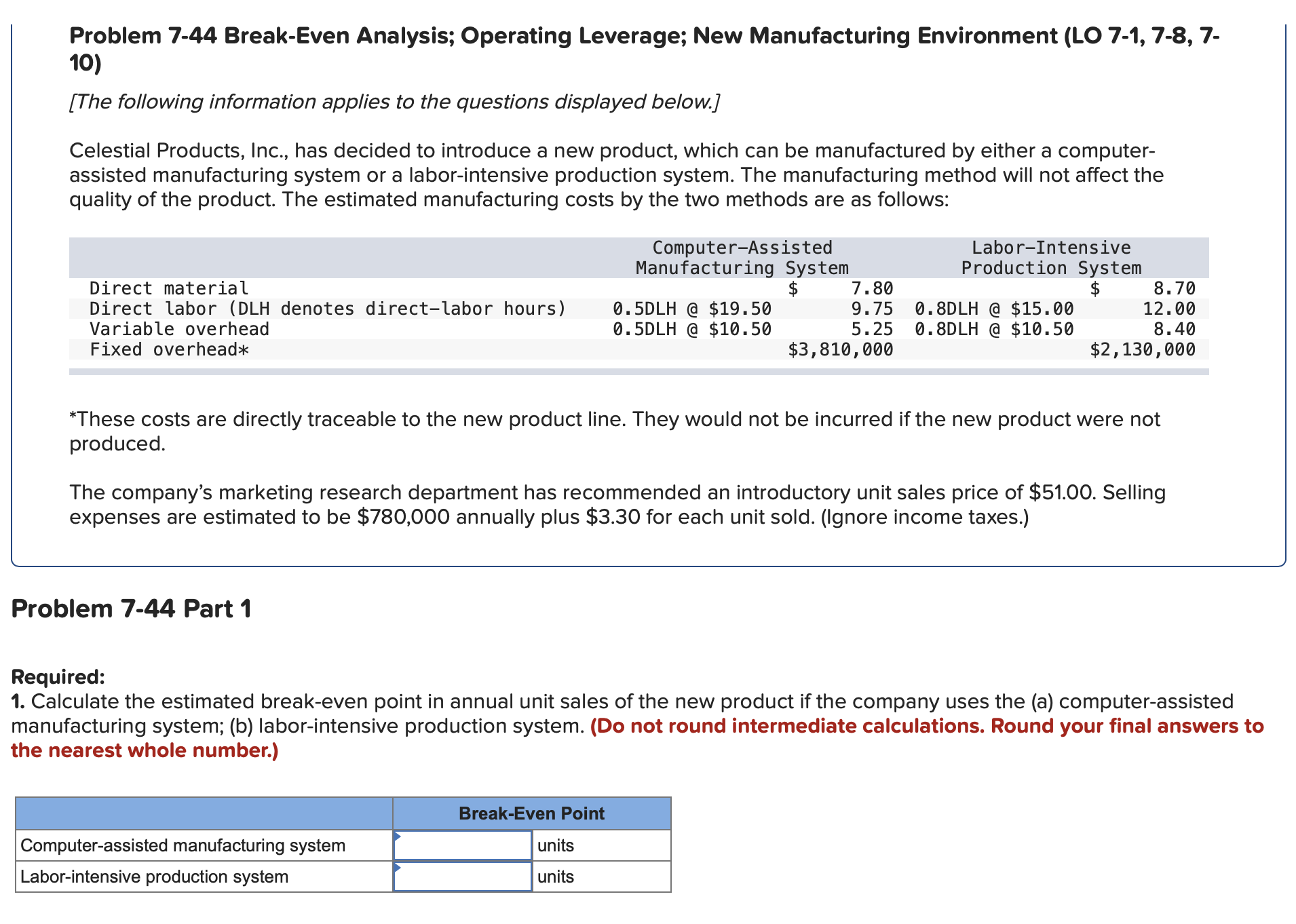 Solved Problem 7-44 Break-Even Analysis; Operating Leverage; | Chegg.com