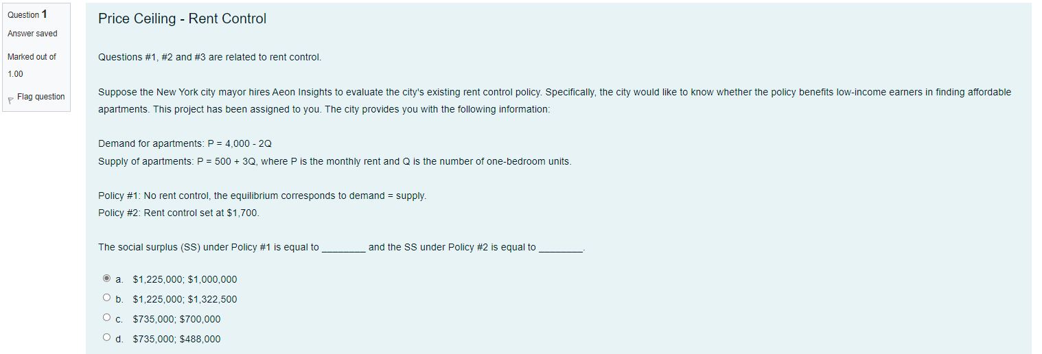 Solved Question 1 Price Ceiling - Rent Control Answer saved | Chegg.com
