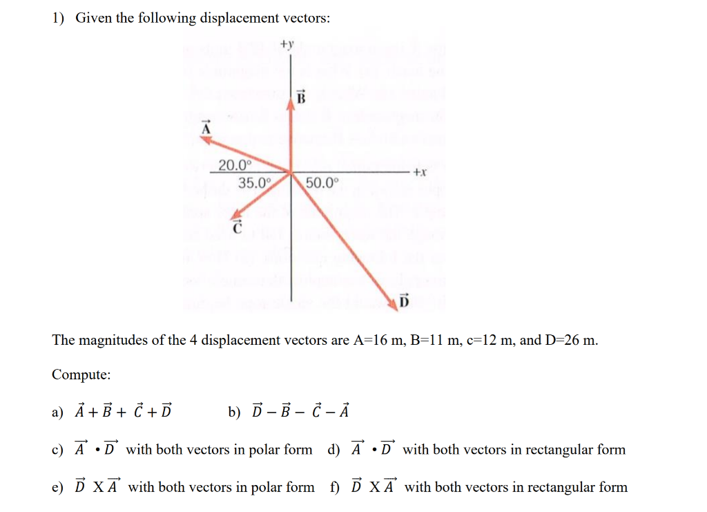 Solved 1) Given the following displacement vectors: +y 20.0° | Chegg.com