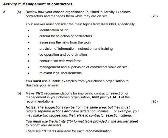 Solved ) (20) . Activity 2: Management of contractors 2 (a) | Chegg.com