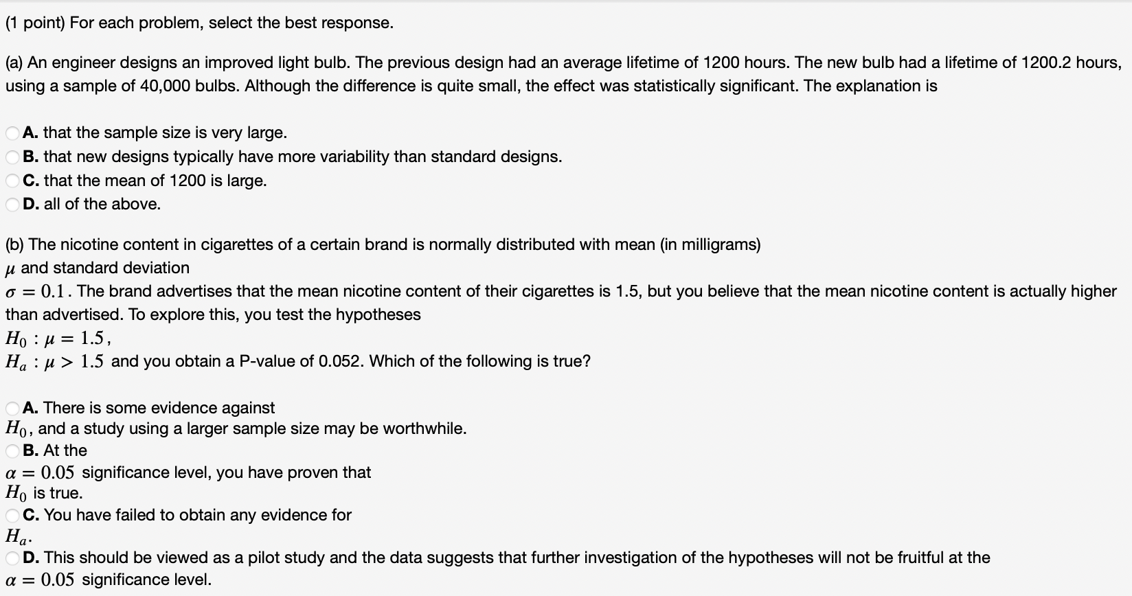 Solved (1 point) For each problem, select the best response. | Chegg.com