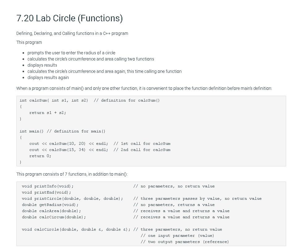 Solved 7.20 Lab Circle (Functions) Defining, Declaring, and | Chegg.com