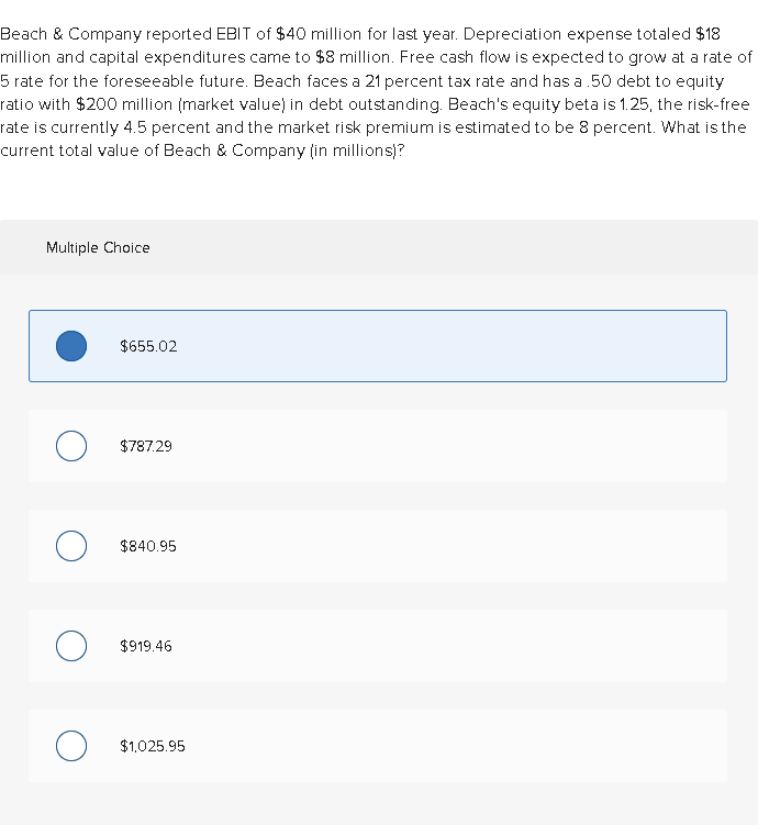 Solved Beach \& Company reported EBIT of $40 million for | Chegg.com