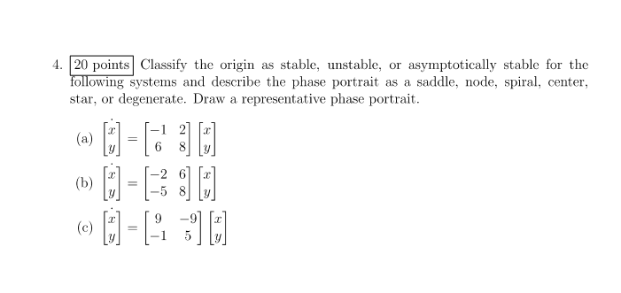 Solved 4. 20 points Classify the origin as stable, unstable, | Chegg.com