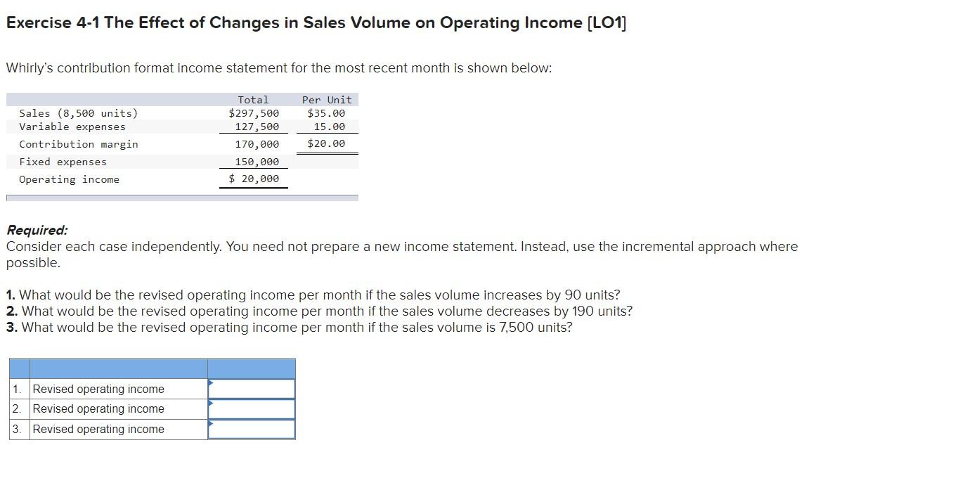 Solved Exercise 4-1 The Effect of Changes in Sales Volume on | Chegg.com