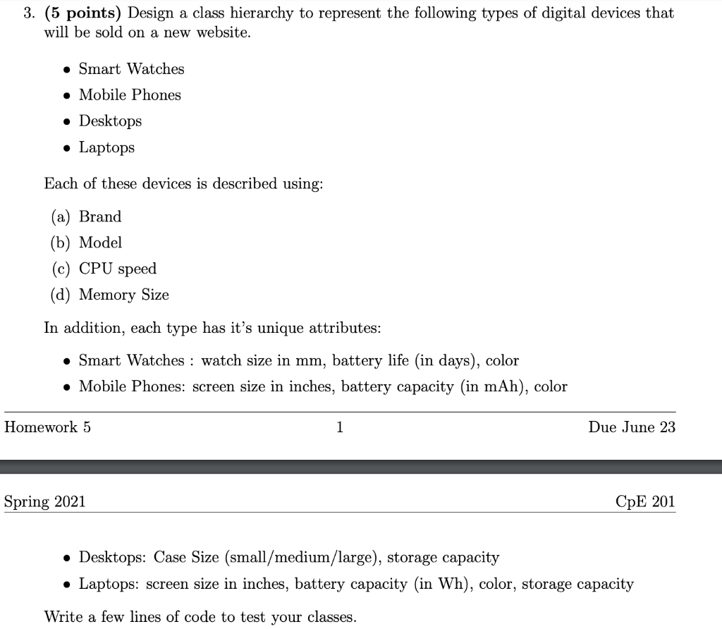 Solved 3. (5 points) Design a class hierarchy to represent | Chegg.com