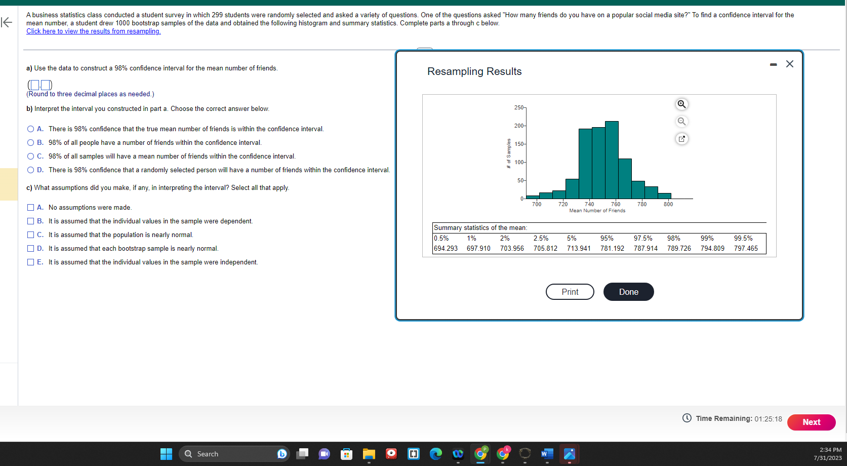 Solved mean number, a student drew 1000 bootstrap samples of | Chegg.com