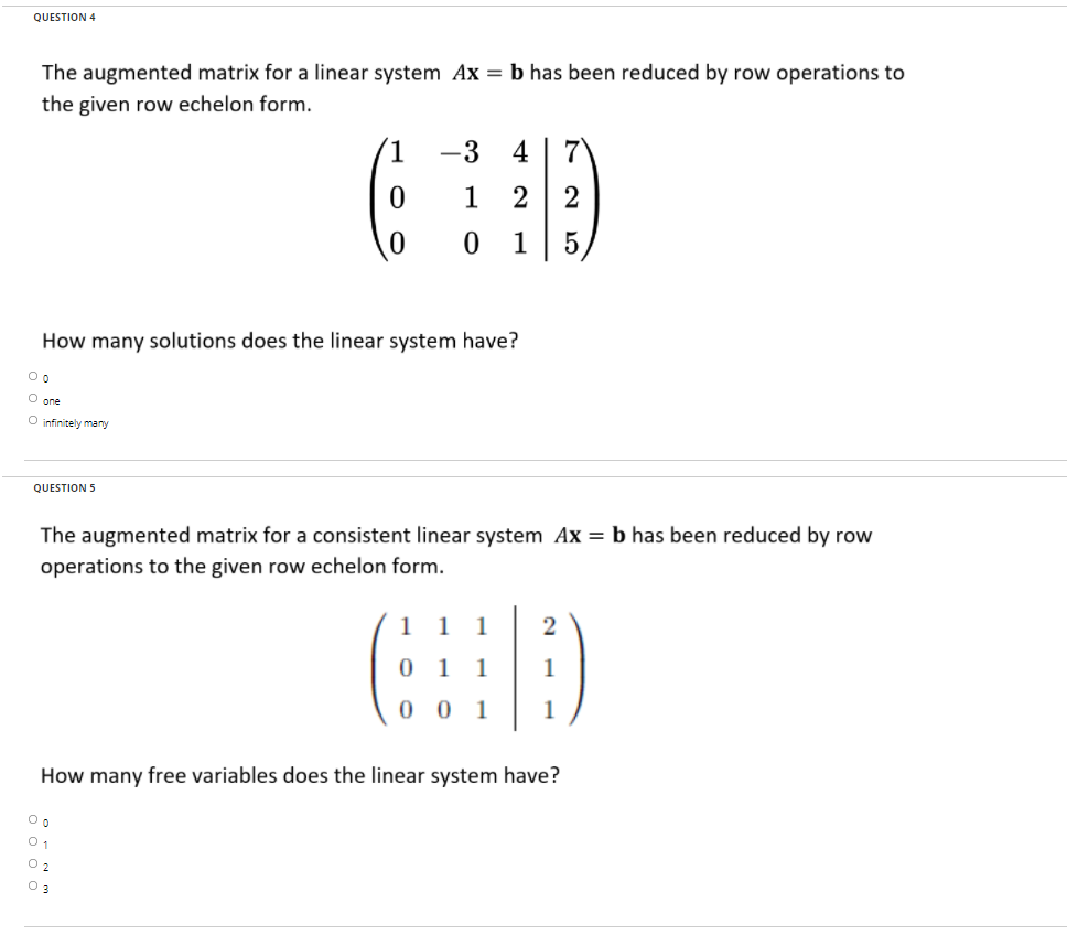 Solved QUESTION 4 The augmented matrix for a linear system | Chegg.com