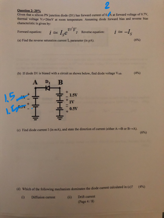 Solved Question 2: 20%Given that a silicon PN junction diode | Chegg.com