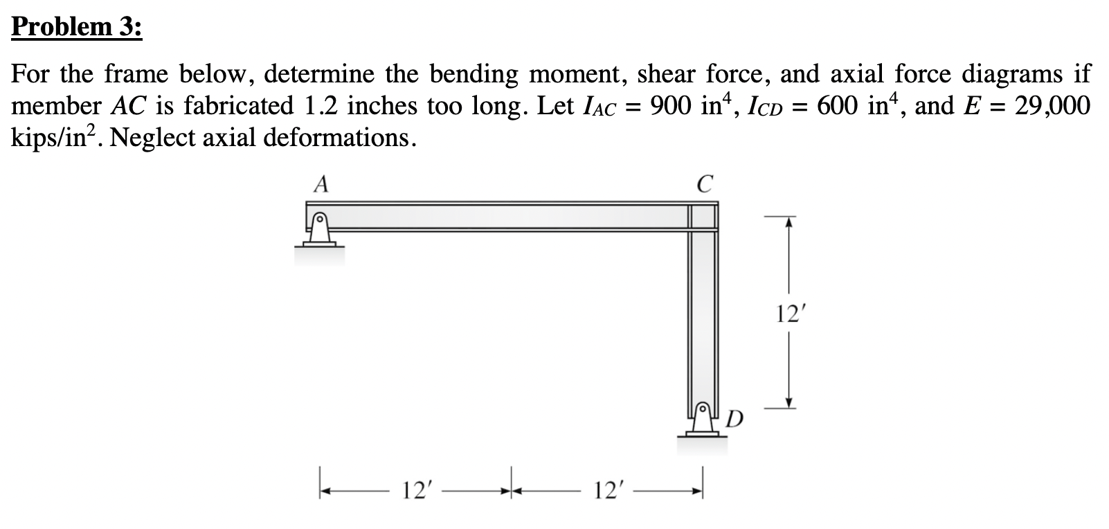 Solved Problem 3:For the frame below, determine the bending | Chegg.com