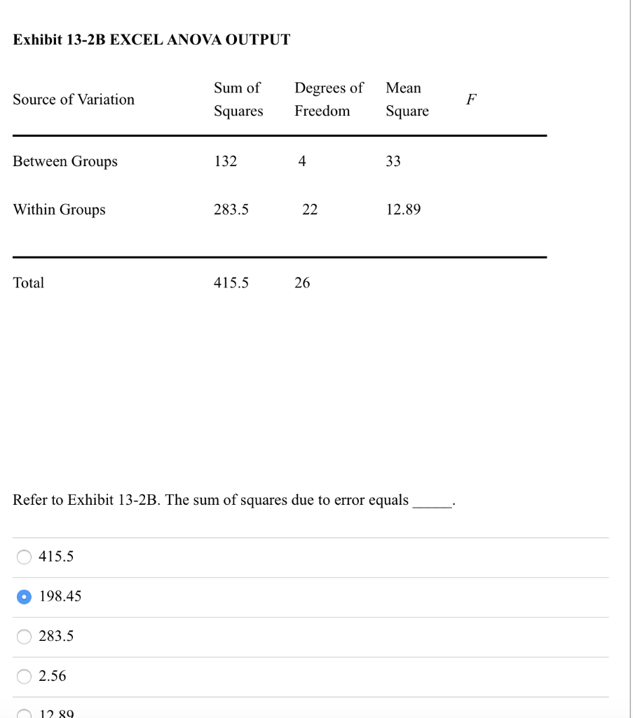 Solved Exhibit 13-2B EXCEL ANOVA OUTPUT Source of Variation | Chegg.com