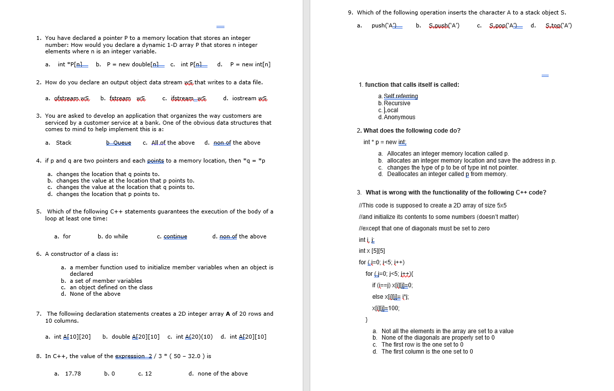 Solved 9. Which of the following operation inserts the | Chegg.com