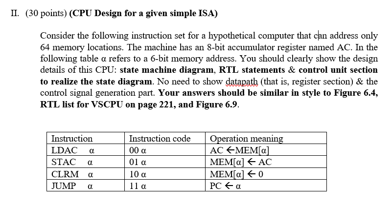 II. (30 points) (CPU Design for a given simple ISA) | Chegg.com