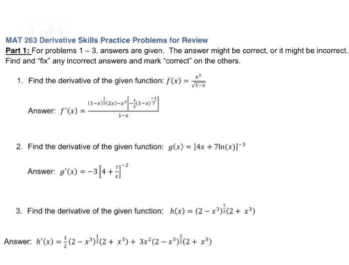 Solved MAT 263 Derivative Skills Practice Problems for | Chegg.com