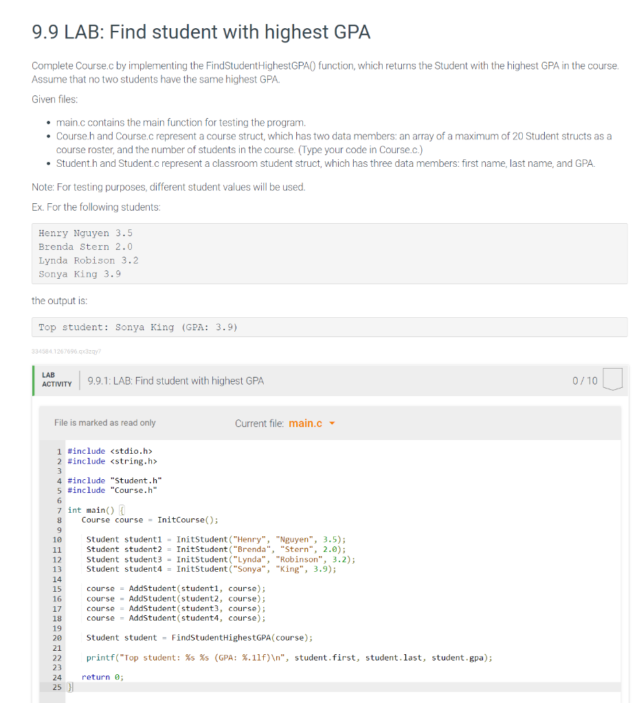 Solved 9.9 LAB: Find student with highest GPA Complete | Chegg.com