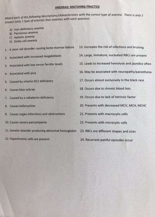 Solved ANEMIAS,MATCHING PRACTICE Match each of the following | Chegg.com