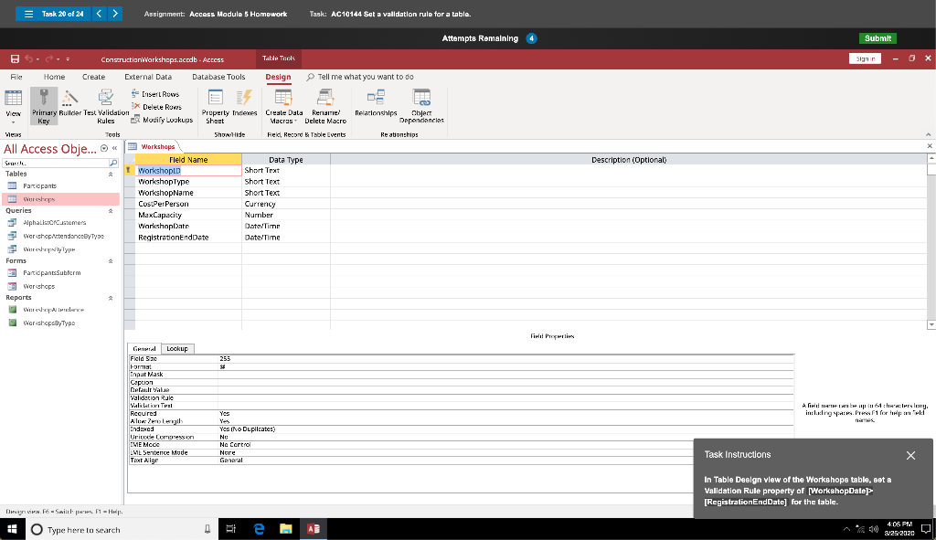 Solved Task Instructions In Table Design vlew of the | Chegg.com