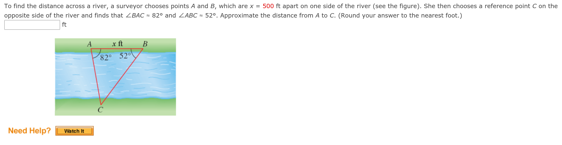 Solved To find the distance across a river, a surveyor | Chegg.com
