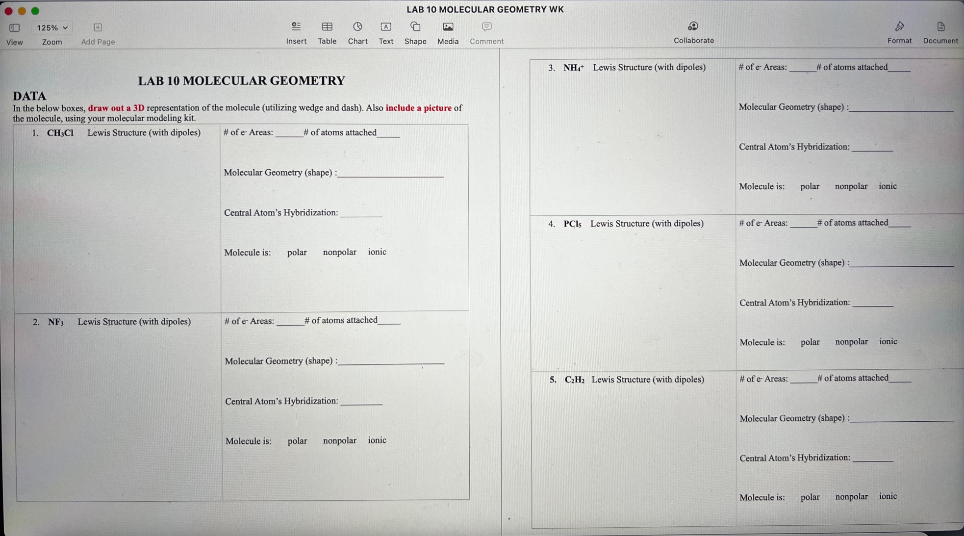 Solved LAB 10 MOLECULAR GEOMETRY WK O 125% A A View Zoom Add | Chegg.com